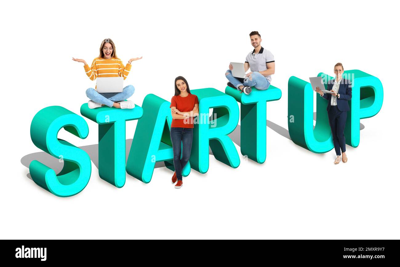 Group of young people and phrase START UP on white background Stock ...