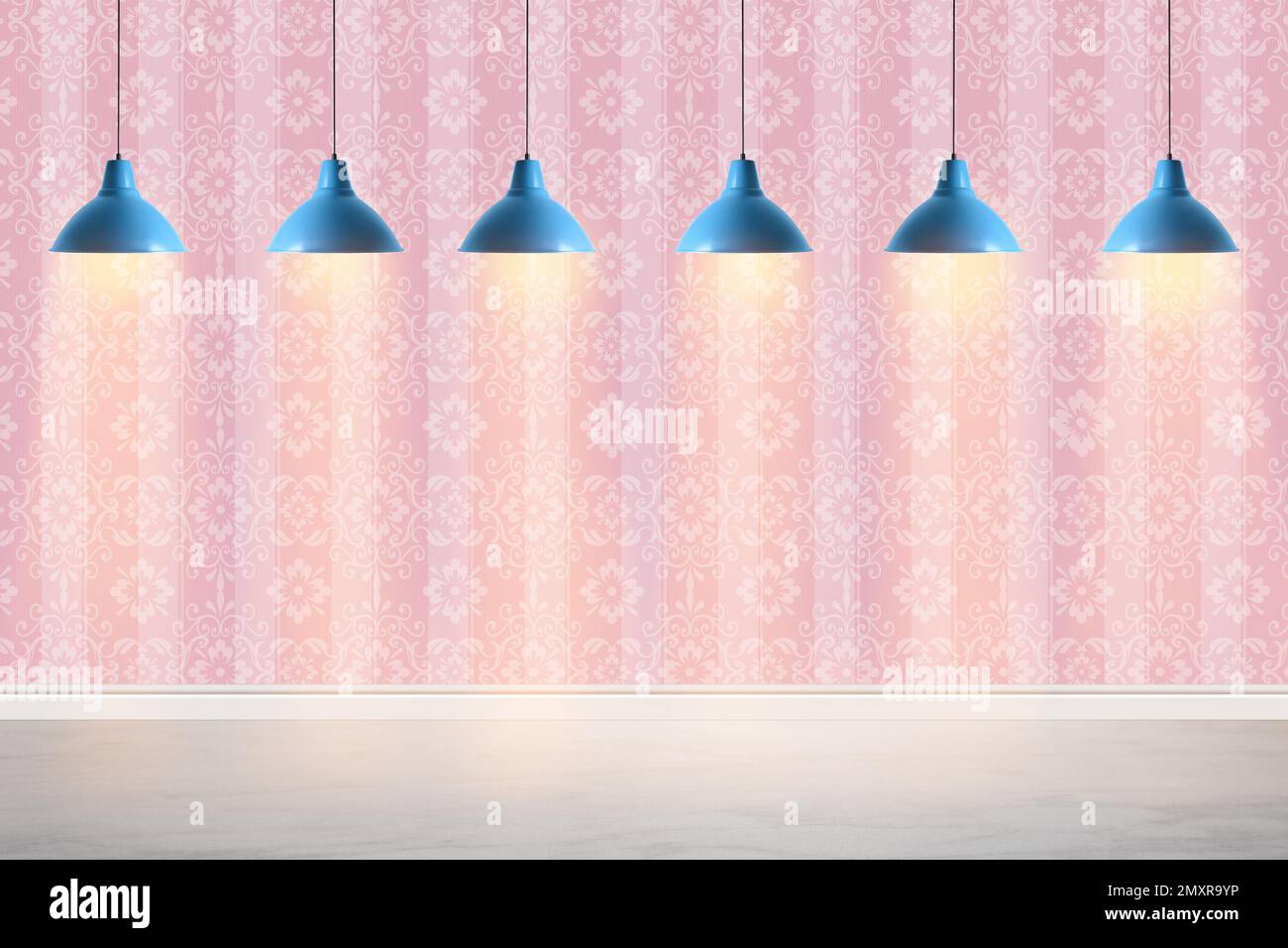 Pink patterned wallpaper and glowing hanging lamps in room Stock Photo ...
