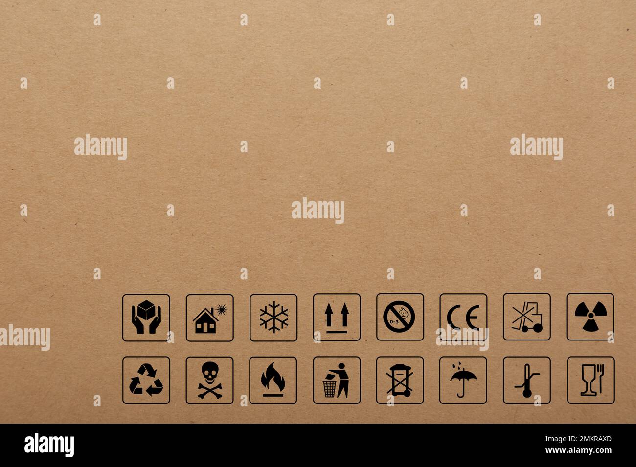 Cardboard box with packaging symbols as background, closeup Stock Photo ...