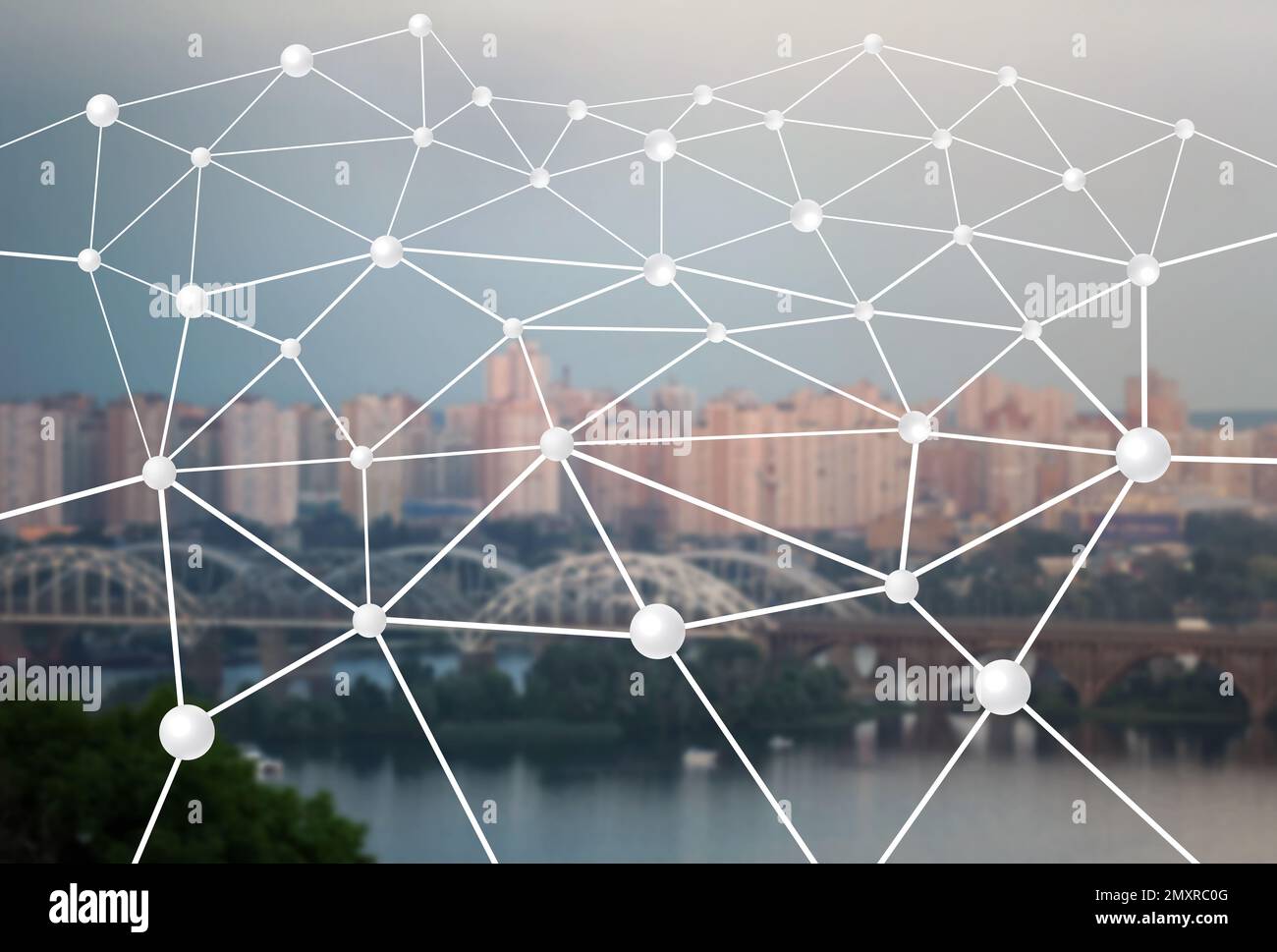 Machine learning concept. Digital web over blurred cityscape Stock ...