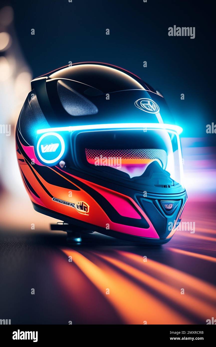 An AI-generated illustration of a motorcycle helmet with blue neon ...