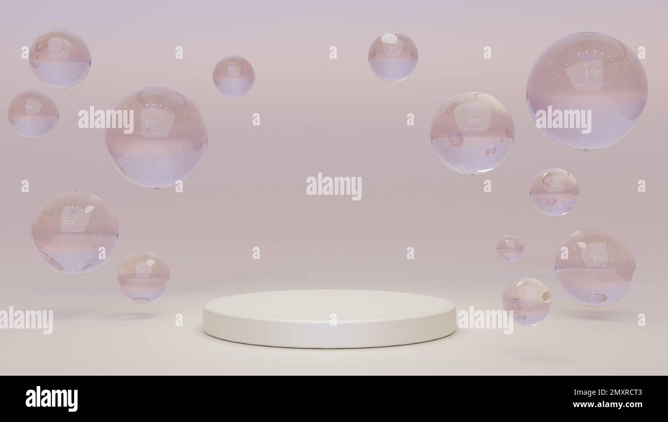 White round podium with air bubbles on pink water surface. Mock up ...