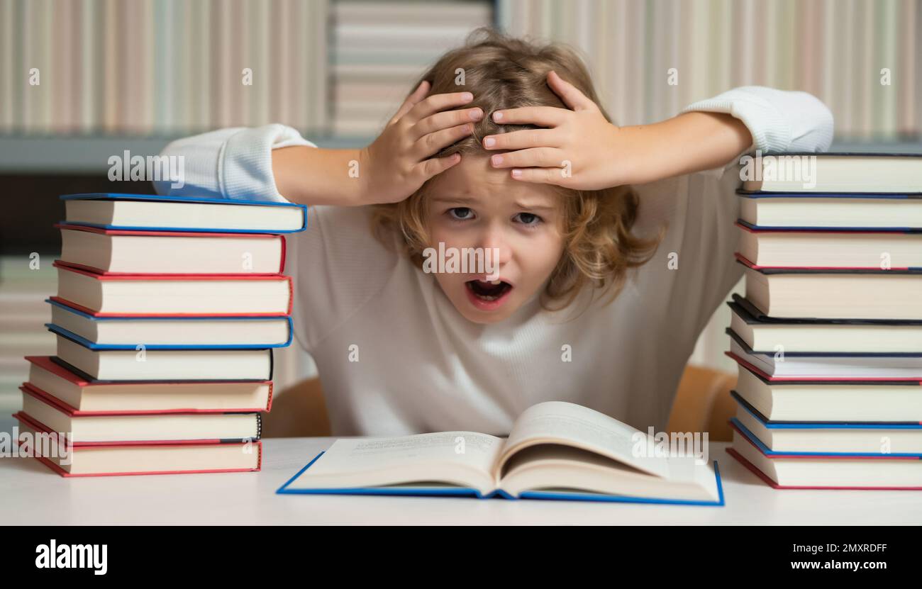 Expression school kid with piles of books. Knowledge day. School child ...