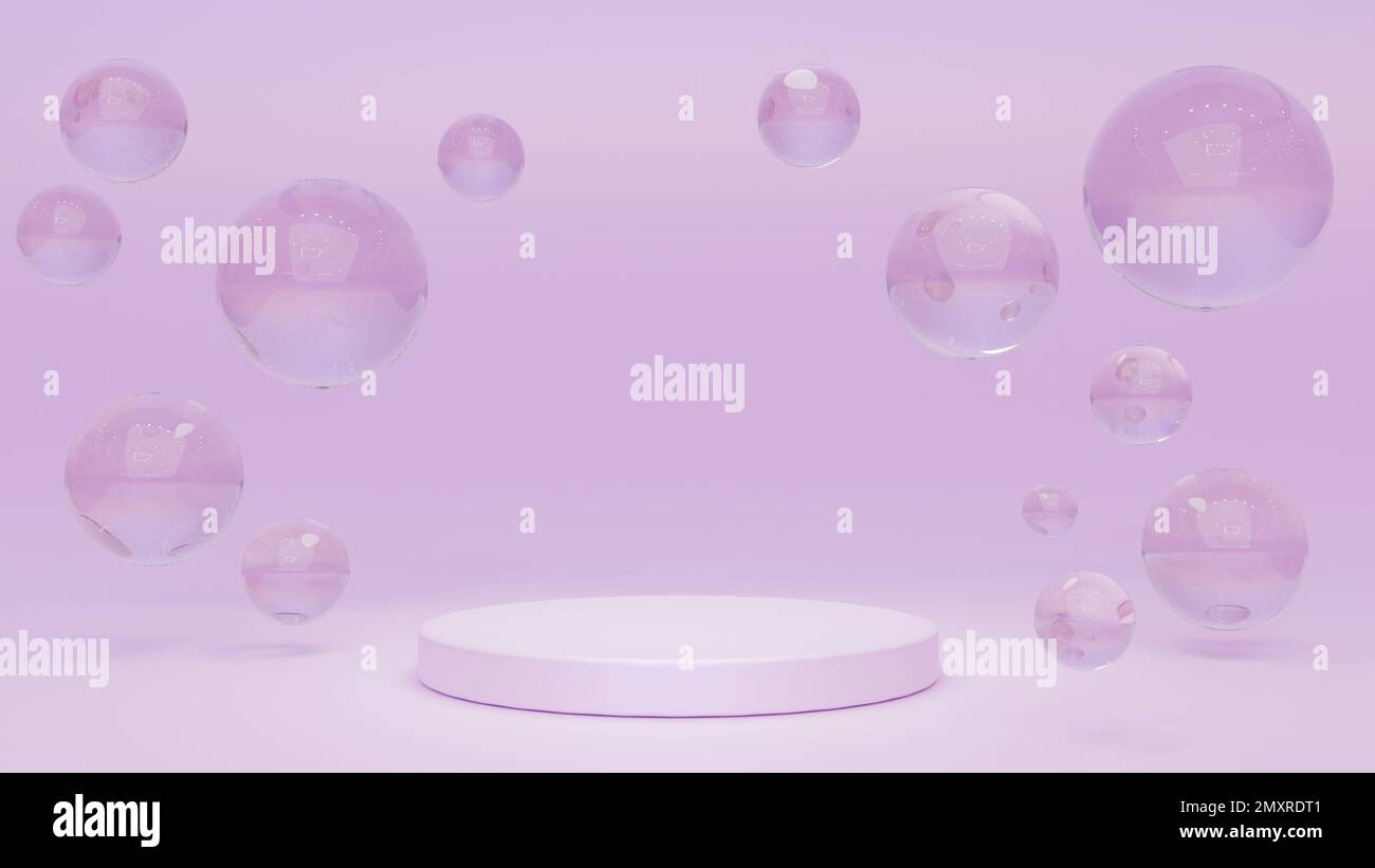 White round podium with air bubbles on pink water surface. Mock up ...