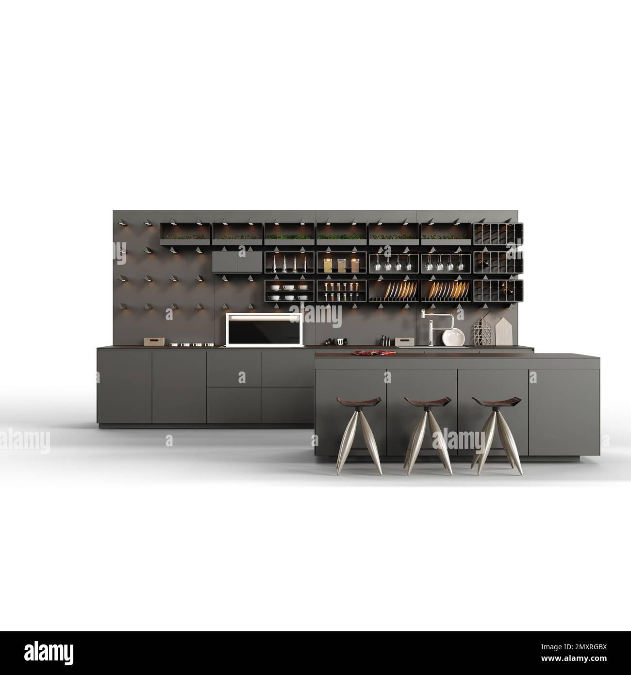 A 3D rendering of a modern kitchen interior with cabinets, shelves and ...