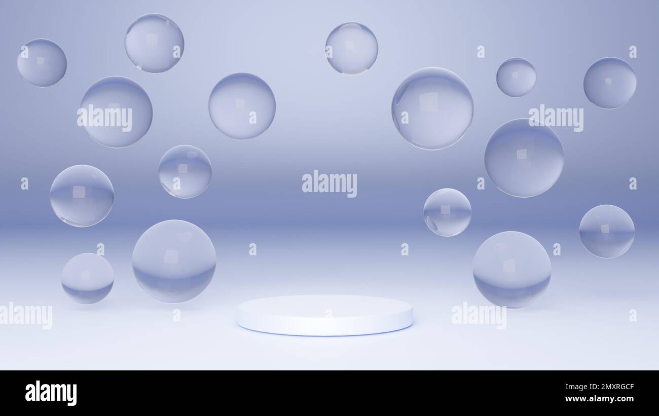 White round podium with air bubbles on blue water surface. Mock up ...