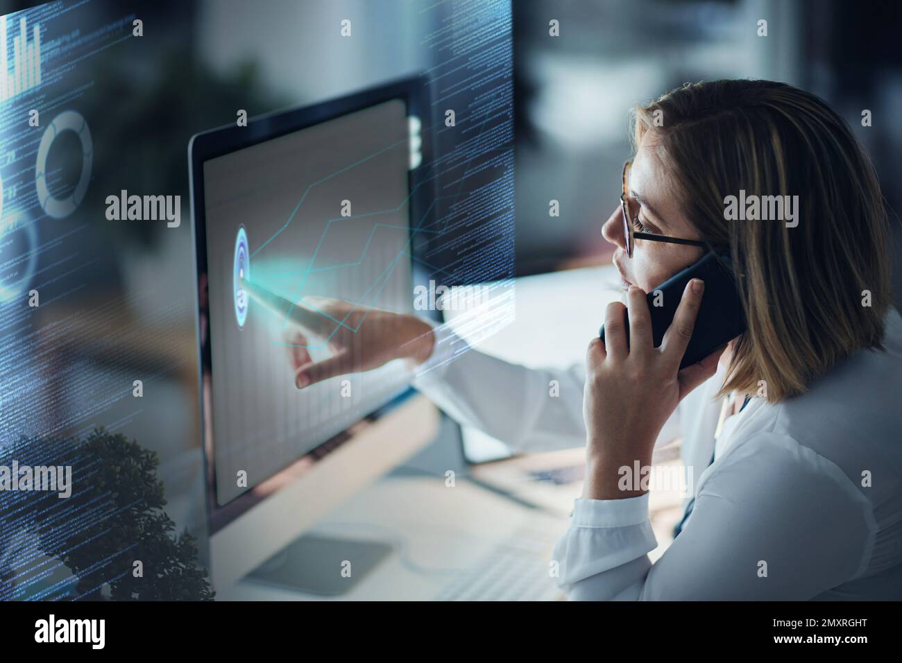 Fingerprint, computer hologram and woman in digital overlay for night ...