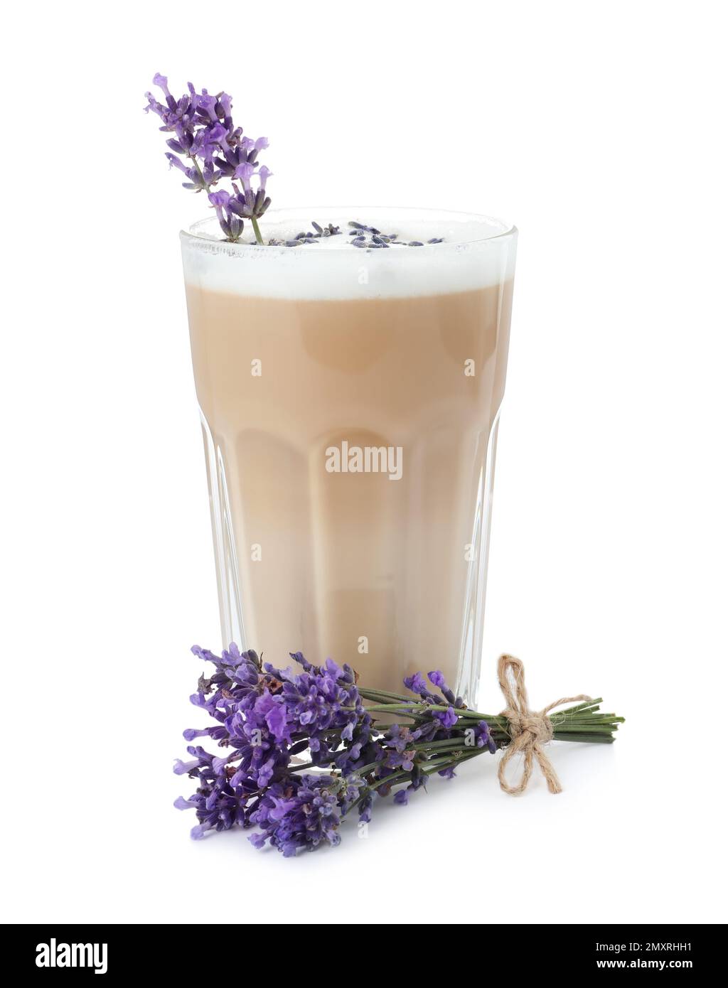 Delicious coffee with lavender on white background Stock Photo - Alamy