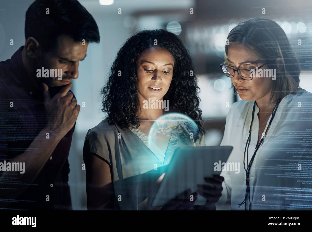 Hologram, programmer and business team planning global internet ...