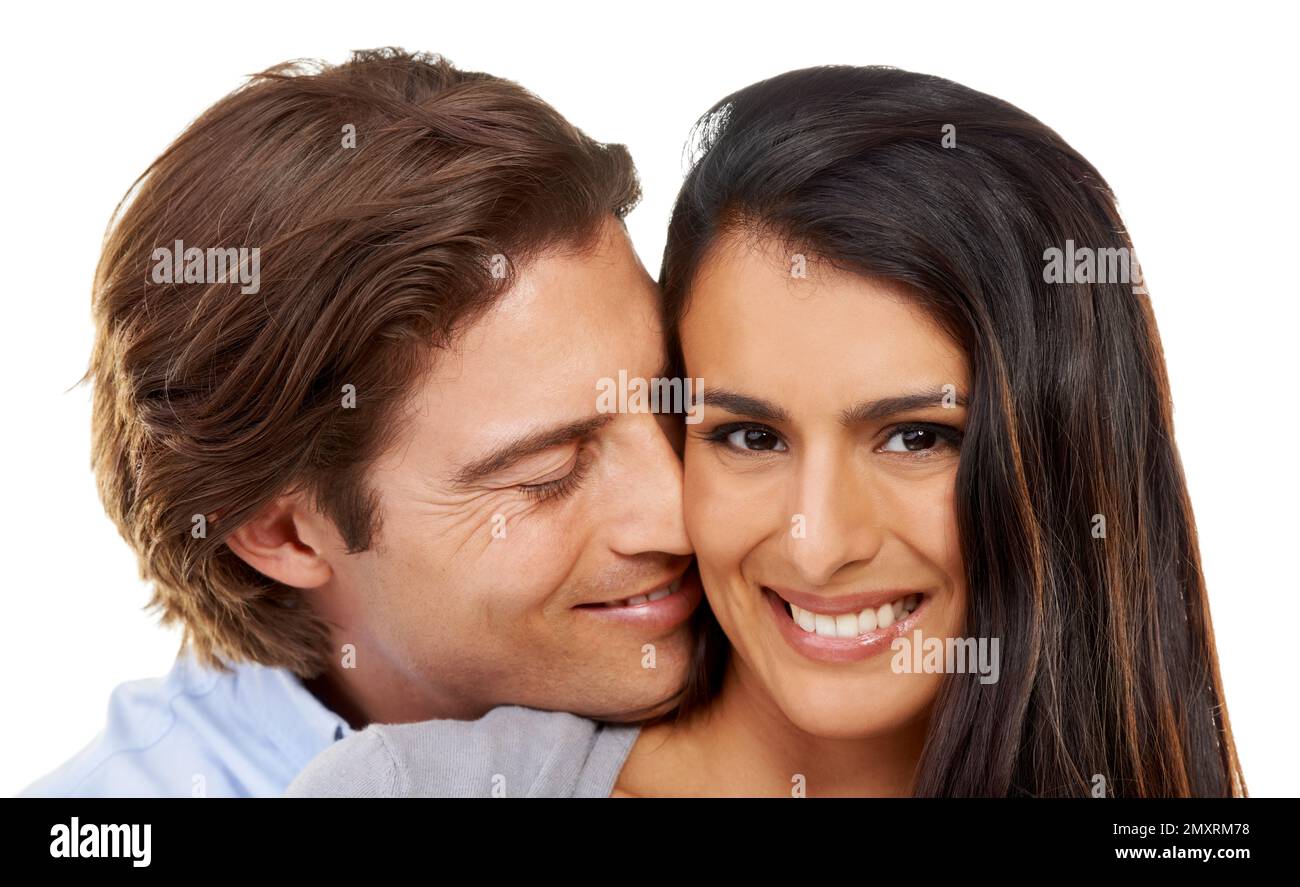 Hug, portrait and love by couple in studio, happy and relax while ...
