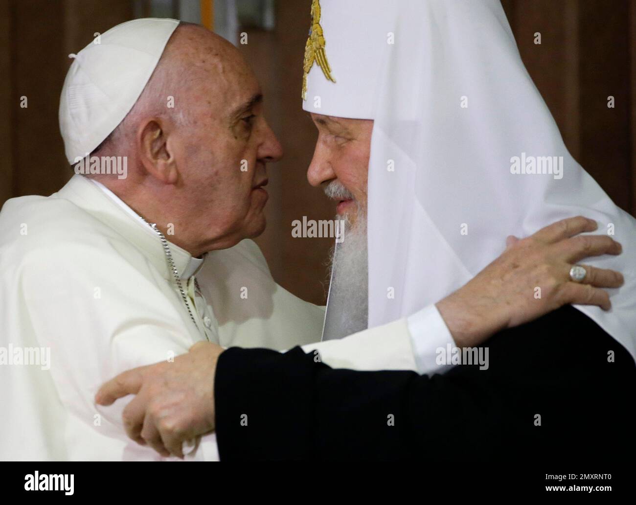 FILE -- In this Feb. 12, 2016 file photo, Pope Francis, left, embraces ...