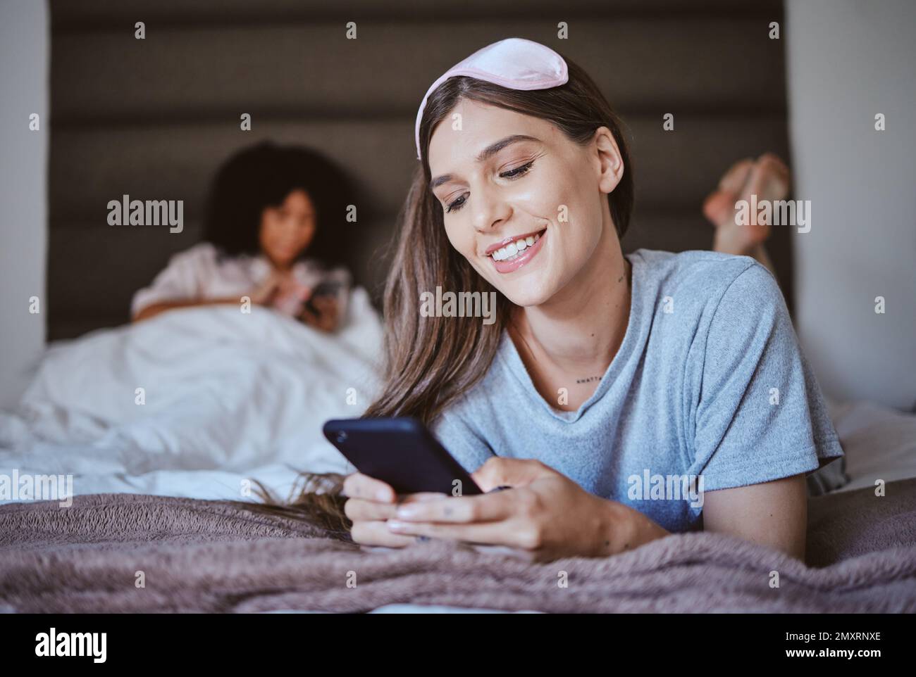Phone Bedroom And Woman Sleepover With Social Media Networking And Internet Search For Blog