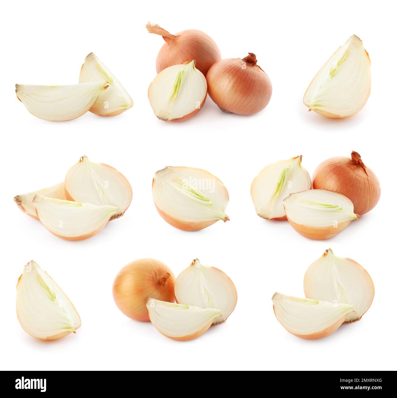 Set of yellow cut and whole onion on white background Stock Photo - Alamy