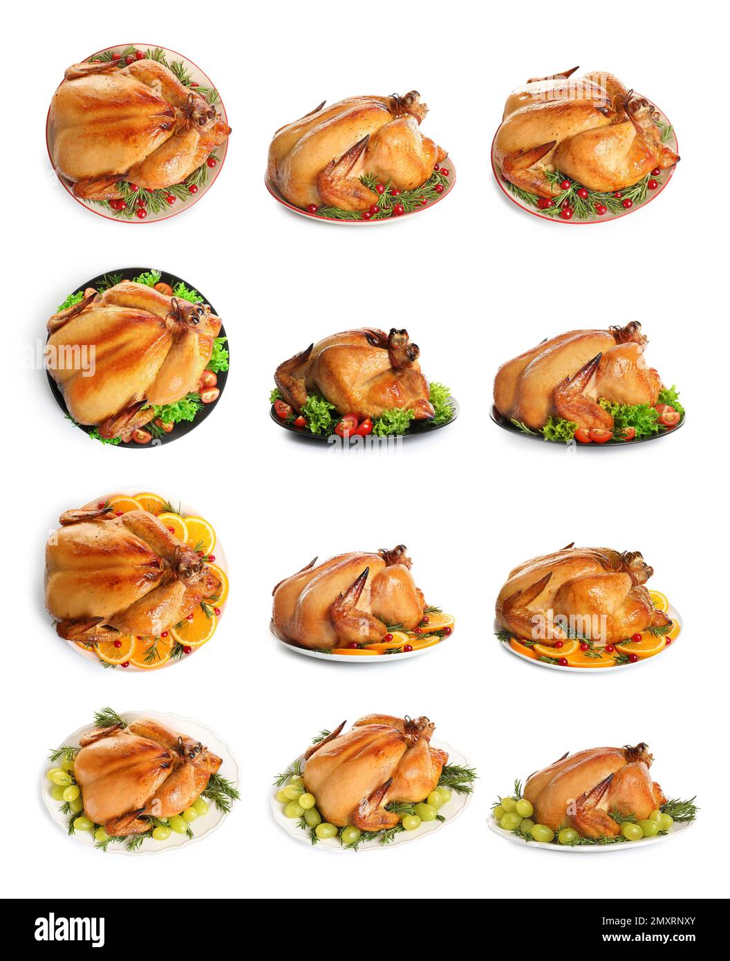 Collection of cooked turkey with different garnishes on white ...