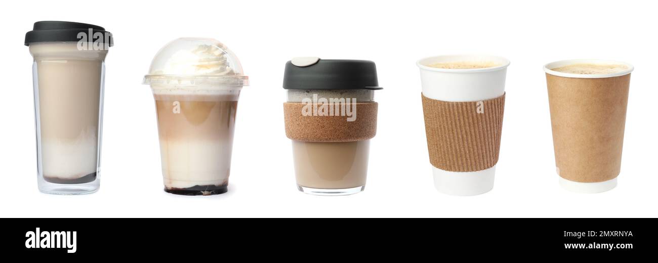 Set of different coffee cups on white background. Banner design Stock ...