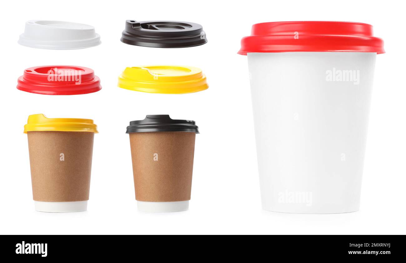 Set of paper coffee cups on white background Stock Photo - Alamy