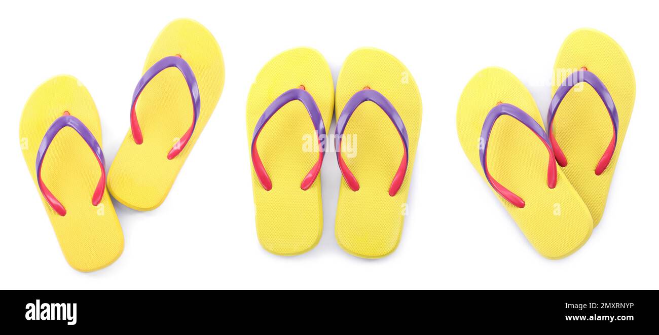 Collage with beach slippers on white background, top view. Banner ...
