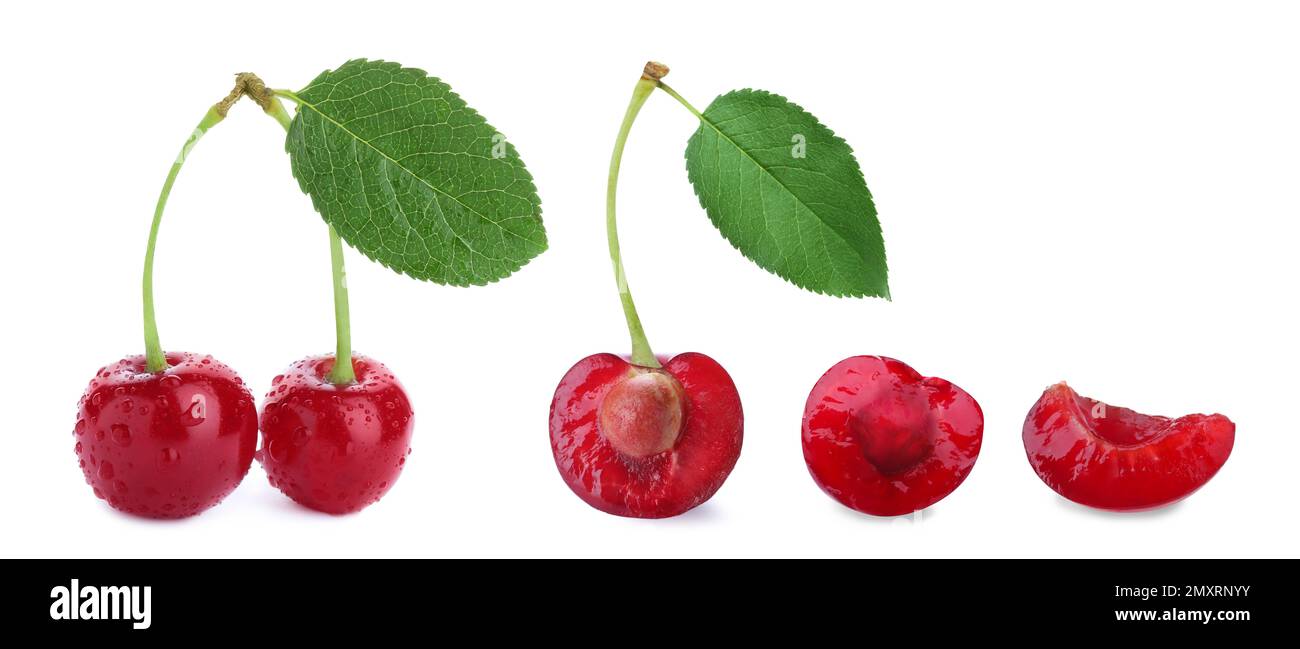 Set of ripe cherries on white background. Banner design Stock Photo - Alamy