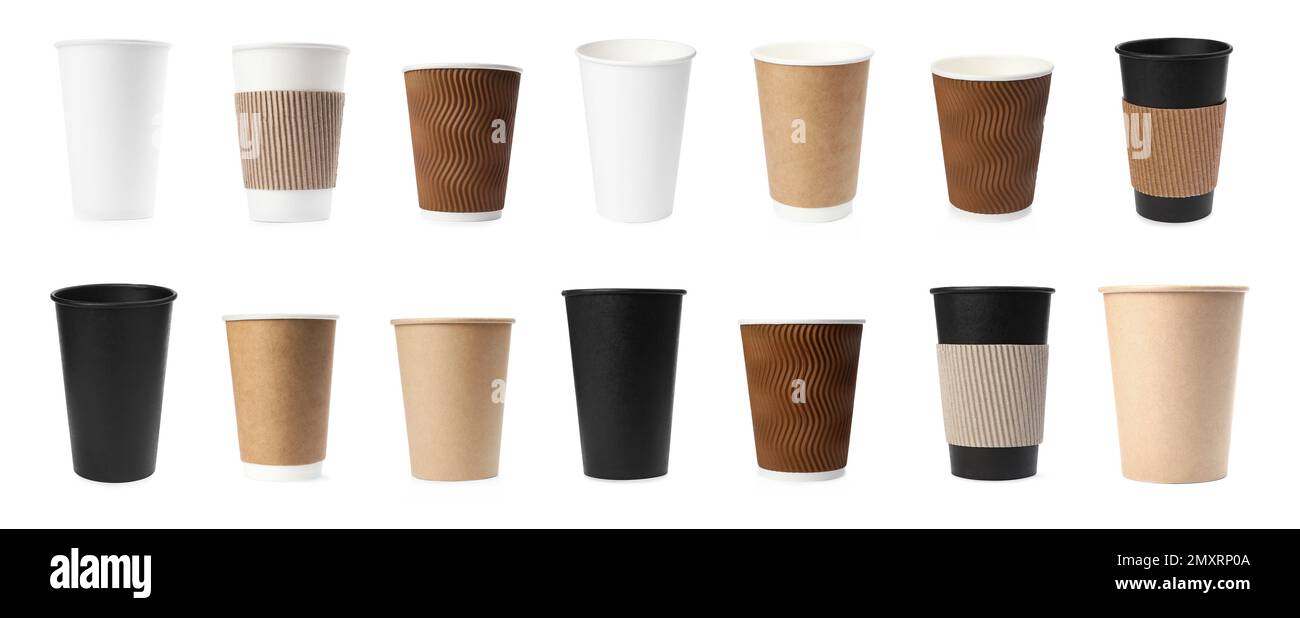 Set of paper coffee cups on white background. Banner design Stock Photo ...