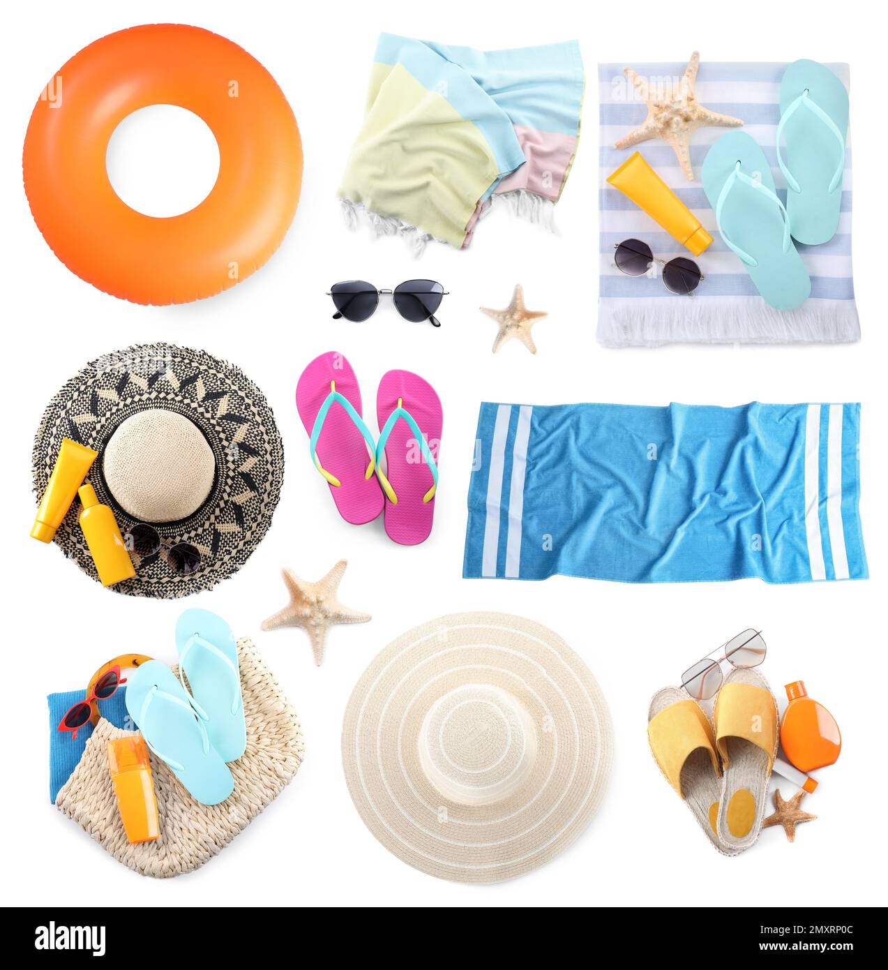 Set of beach objects on white background, top view Stock Photo - Alamy
