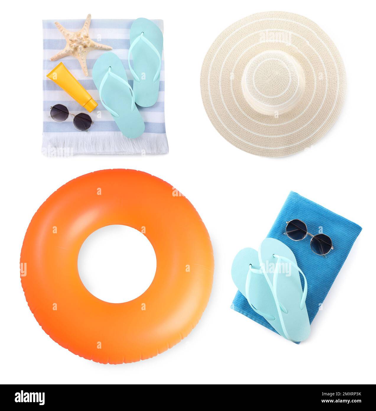 Set of beach objects on white background, top view Stock Photo - Alamy