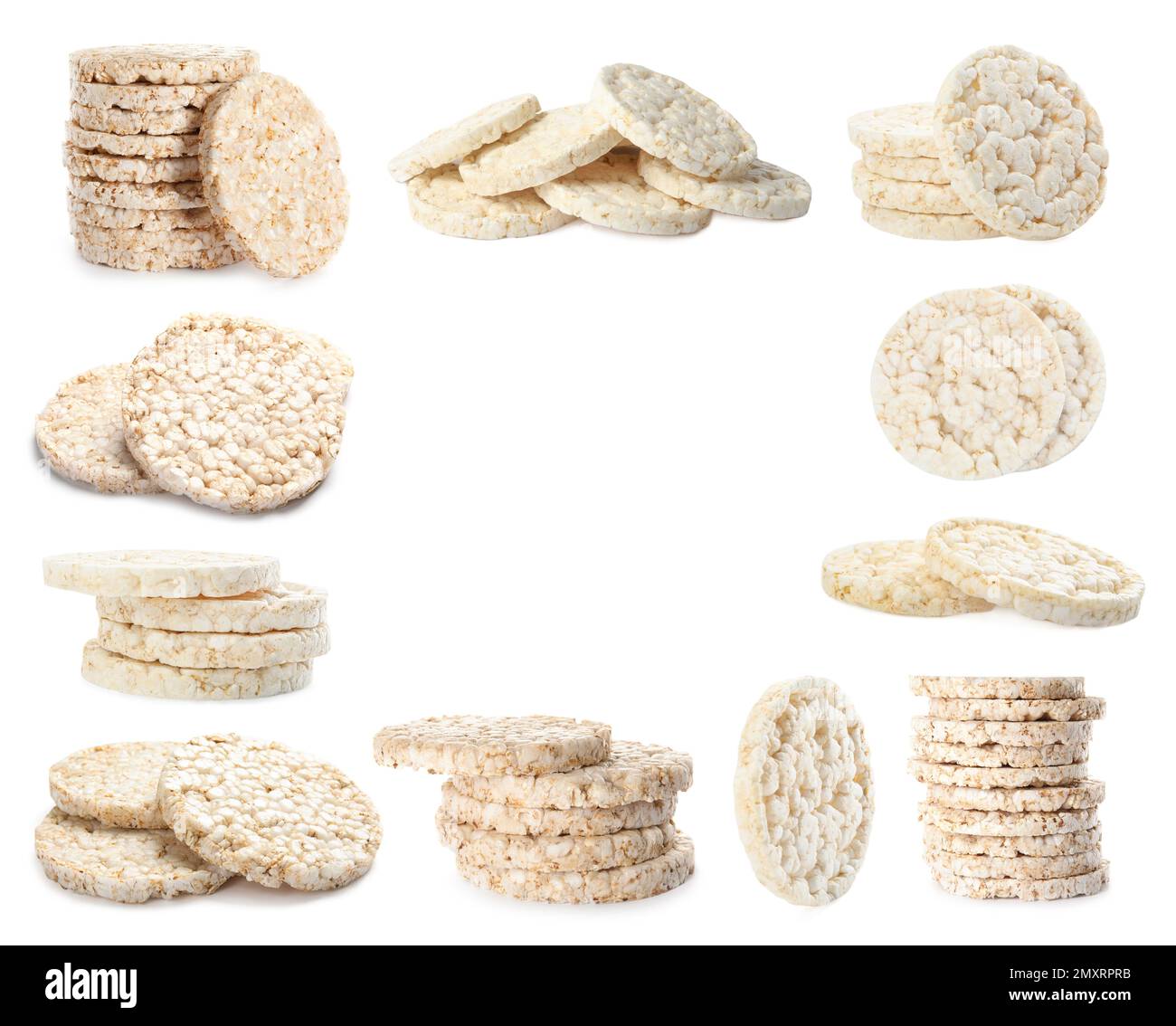 Frame of puffed corn cakes on white background Stock Photo - Alamy