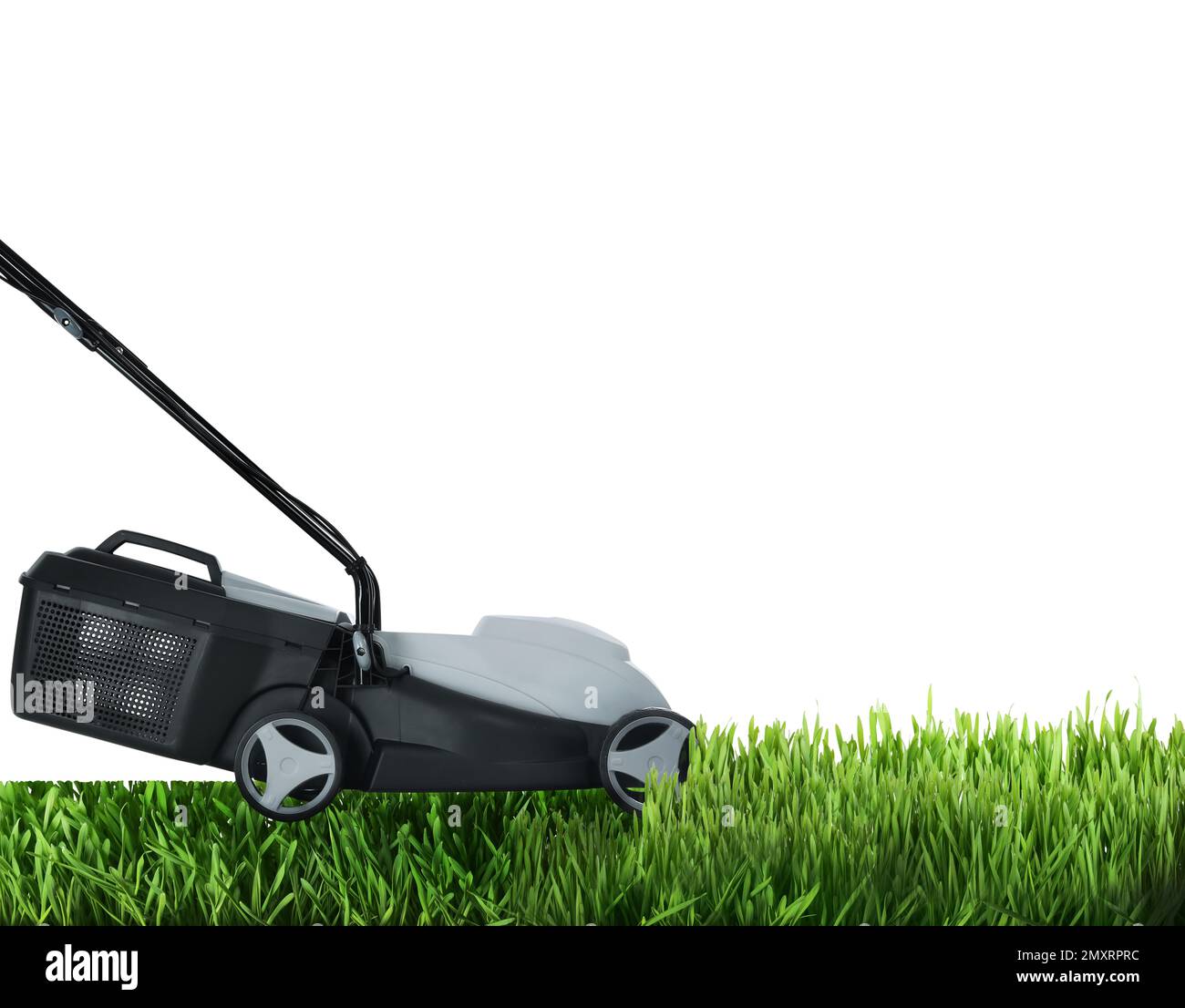 Modern garden lawn mower cutting green grass, white background Stock ...