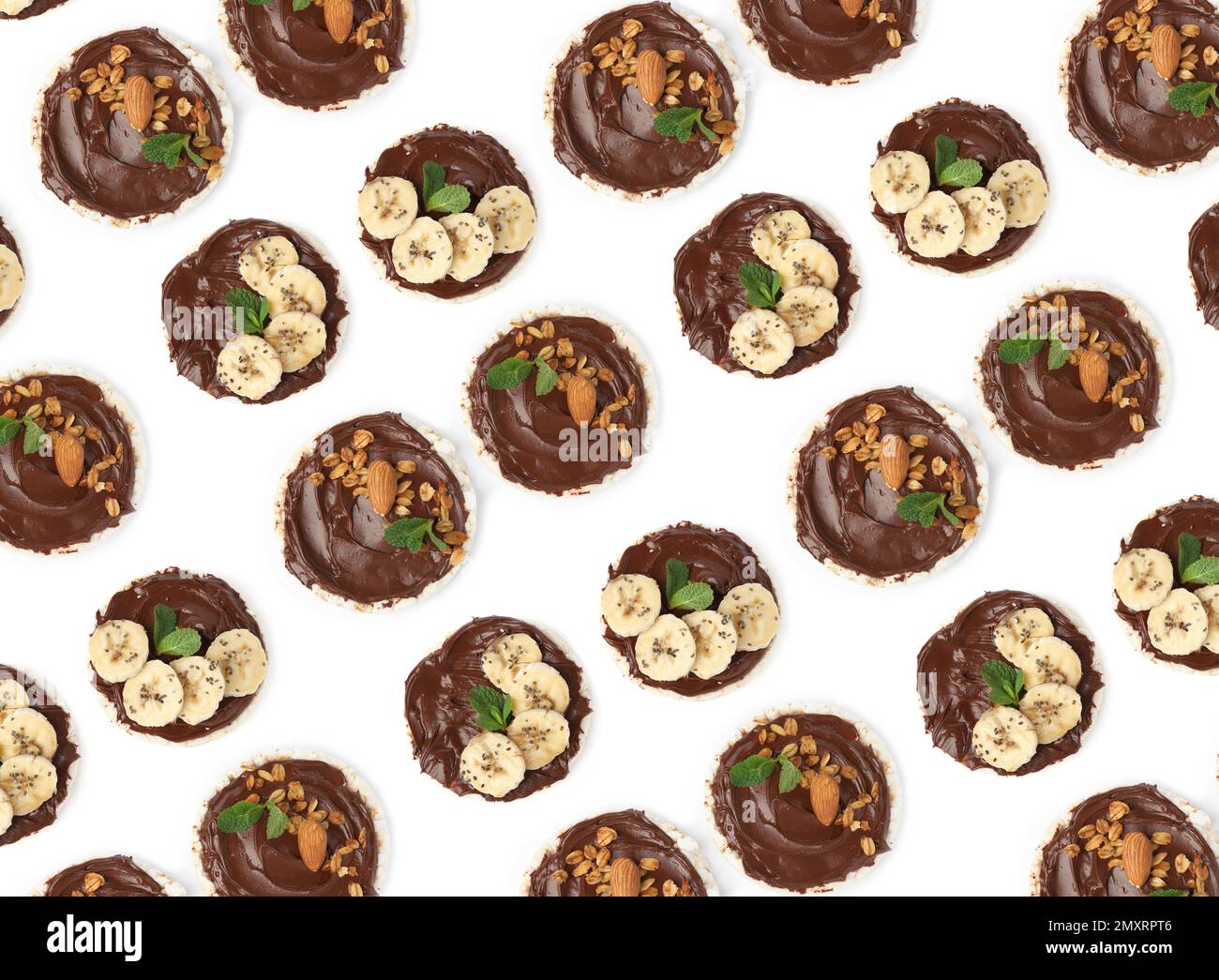 Set of puffed corn cakes with chocolate spread on white background, top ...