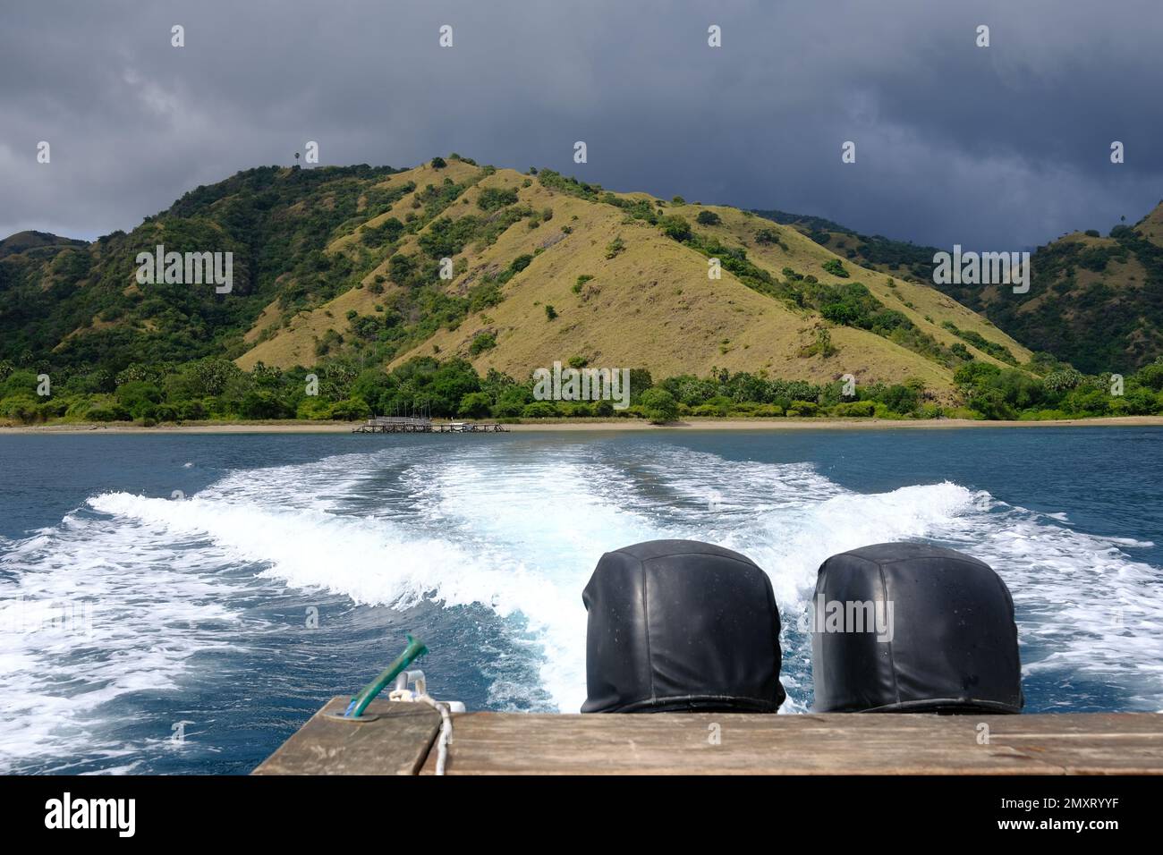 Indonesia Komodo National Park Diving Boat And Coastline Komodo