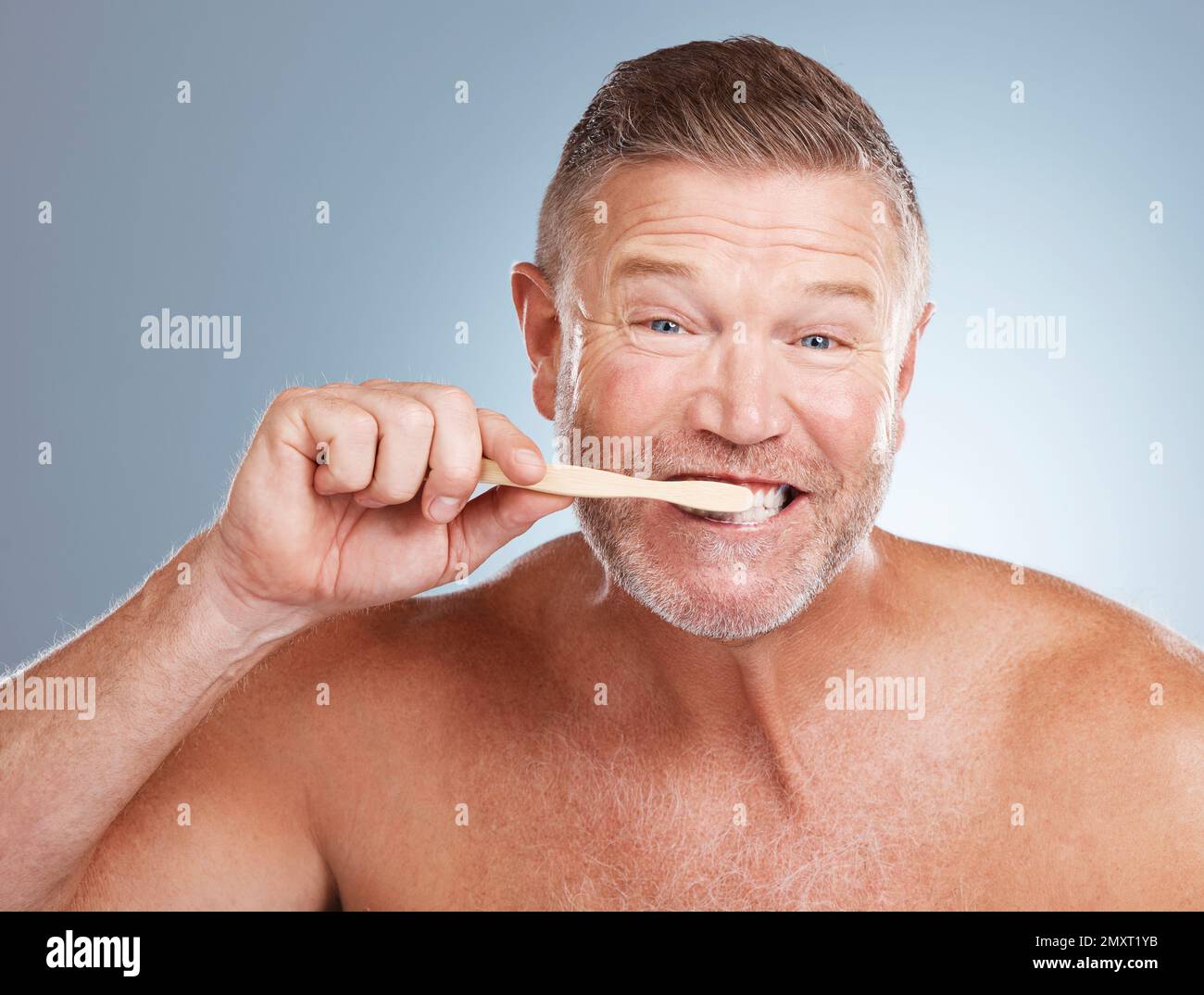 Portrait, mouth or old man brushing teeth with dental toothpaste for ...