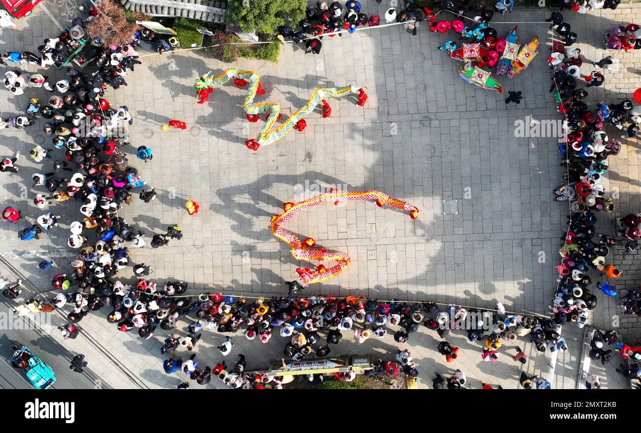 TAICANG, CHINA - FEBRUARY 4, 2023 - A folk art troupe performs a dragon ...