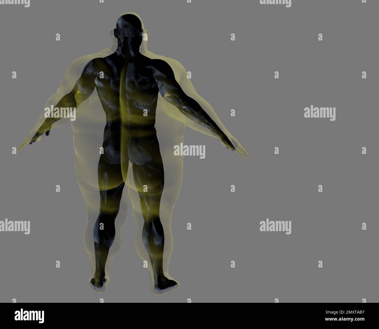 3D render. Athletic man inside an obese body on a gray background. Copy ...