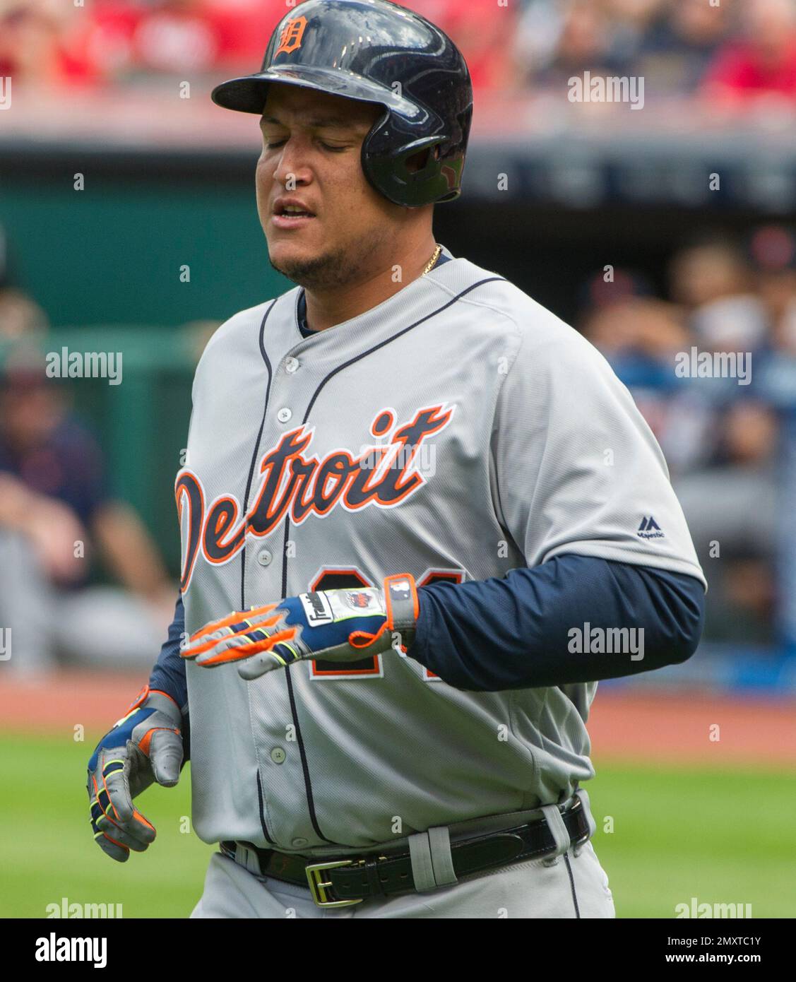 Detroit Tigers' Miguel Cabrera shakes his hand after being hit by a ...