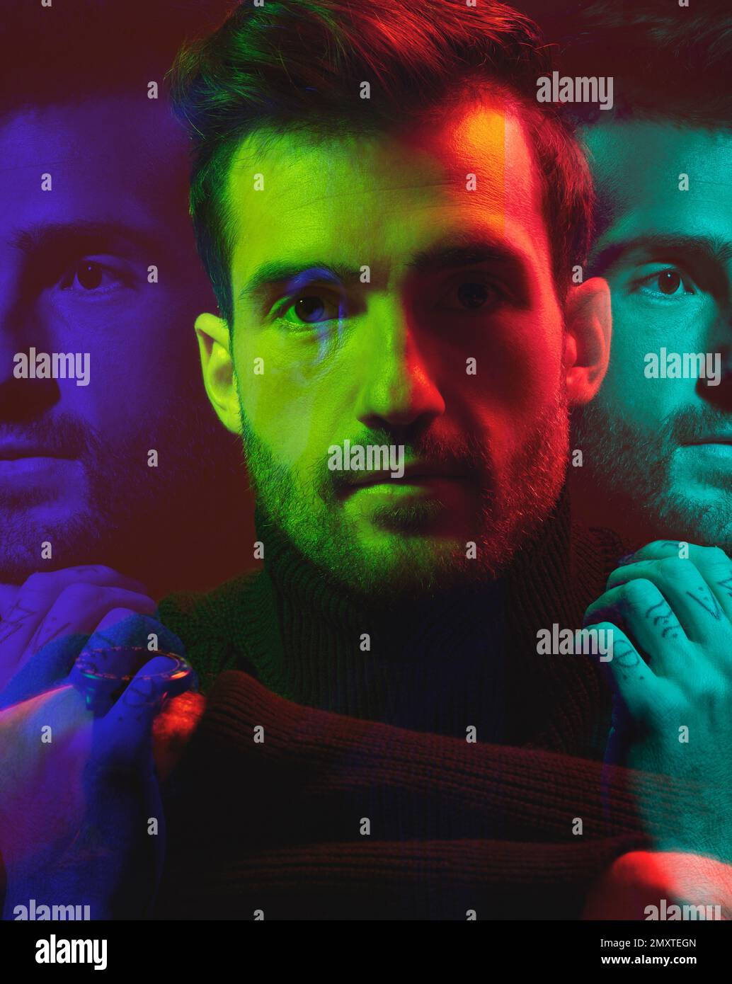 Man, face and double exposure with portrait on dark background, fashion ...