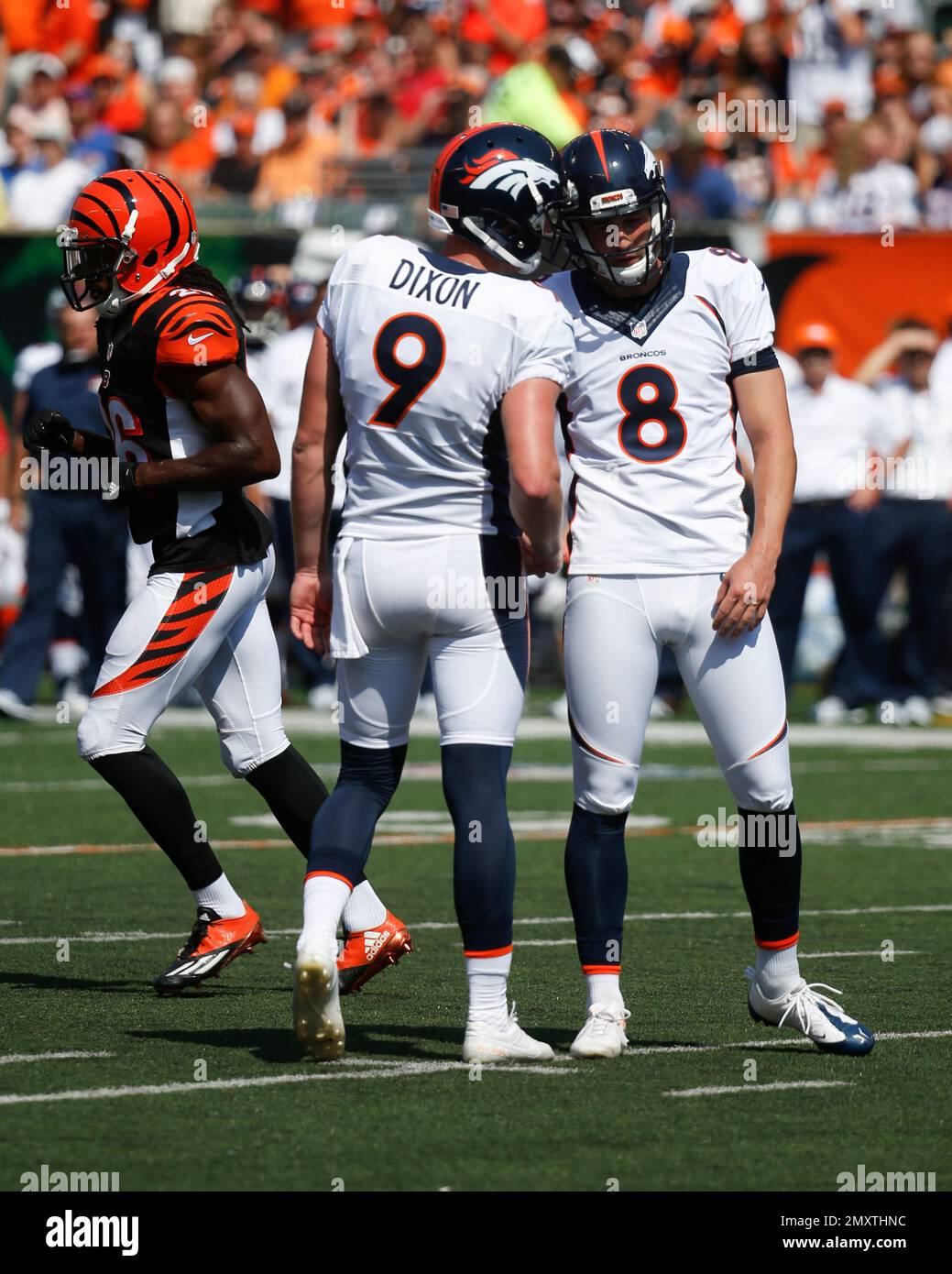 Denver Broncos kicker Brandon McManus (8) celebrates with punter Riley ...