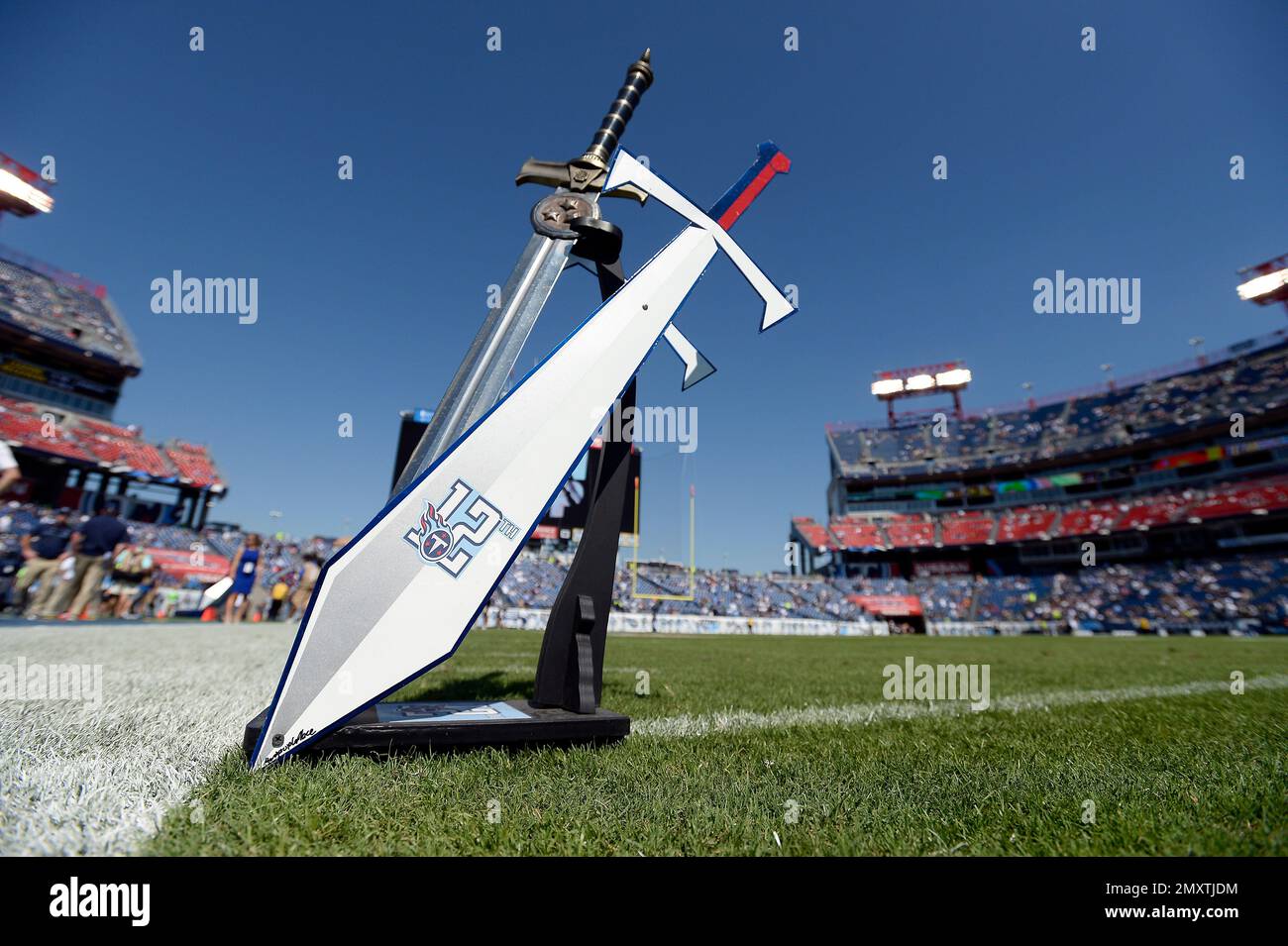 A Tennessee Titans 12th man sword sits on the field before an NFL ...