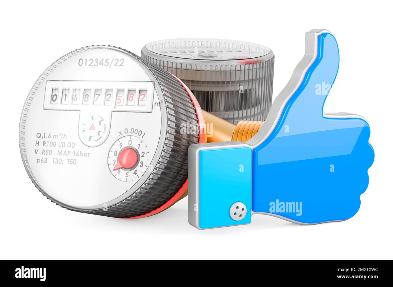 Cold and hot water meters with like icon, 3D rendering isolated on ...