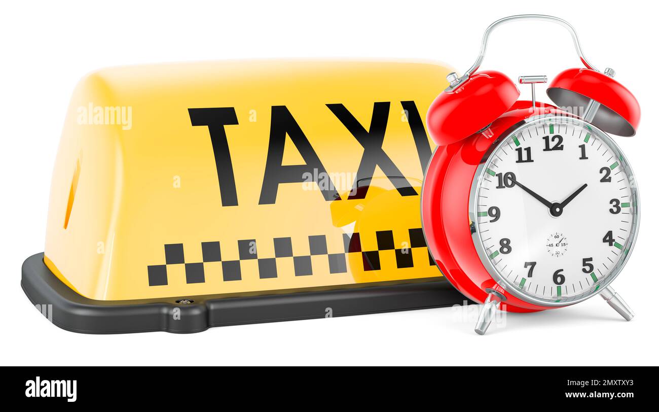 Taxi car signboard with alarm clock. 3D rendering isolated on white ...
