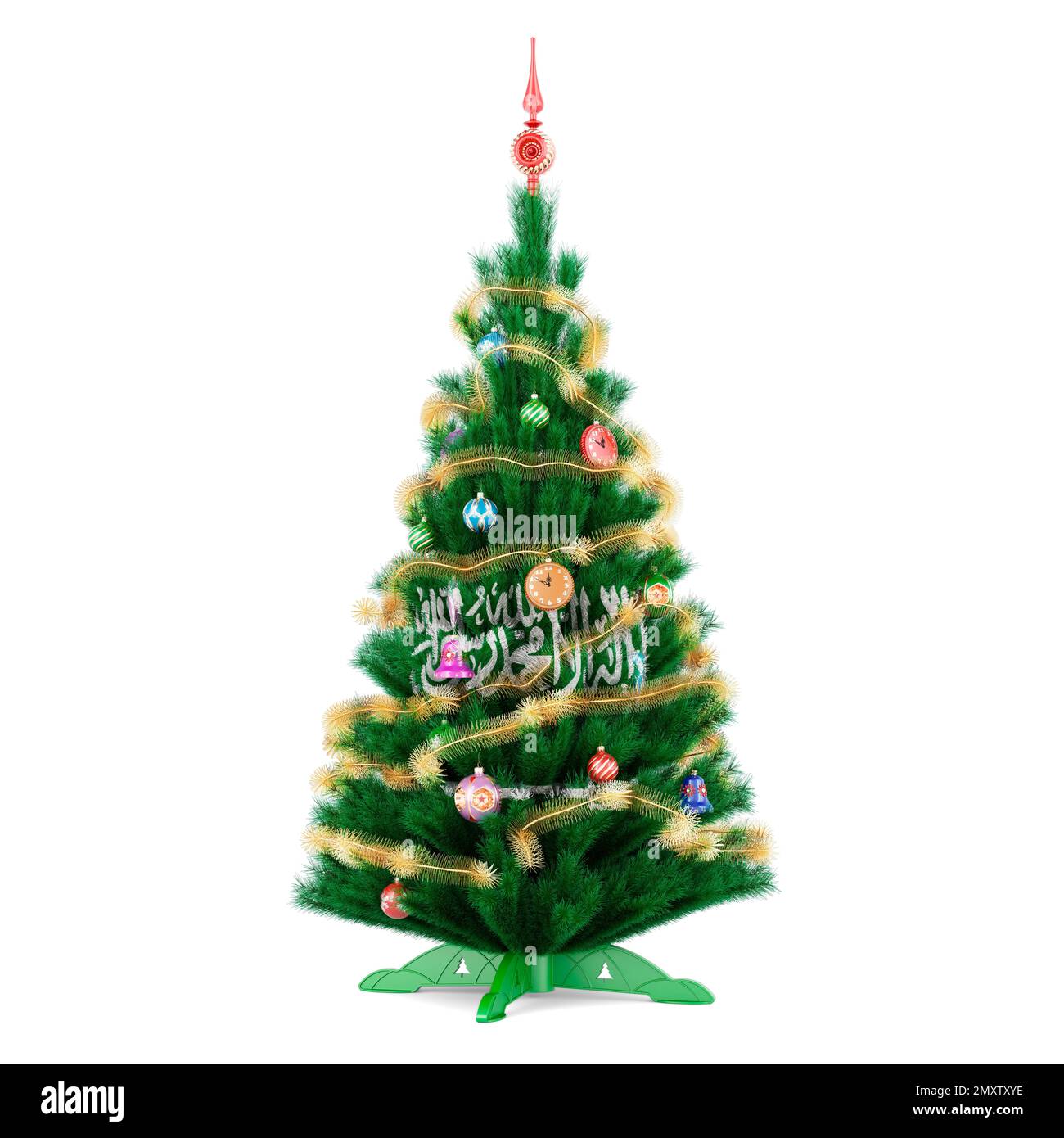 Saudi Arabian flag painted on the Christmas tree, 3D rendering isolated ...