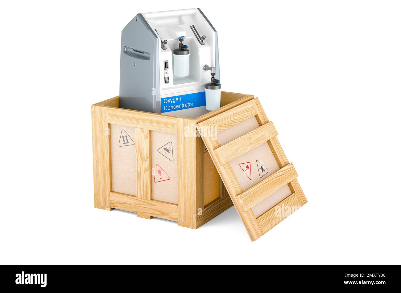 Home Oxygen Concentrator inside wooden box, delivery concept. 3D ...