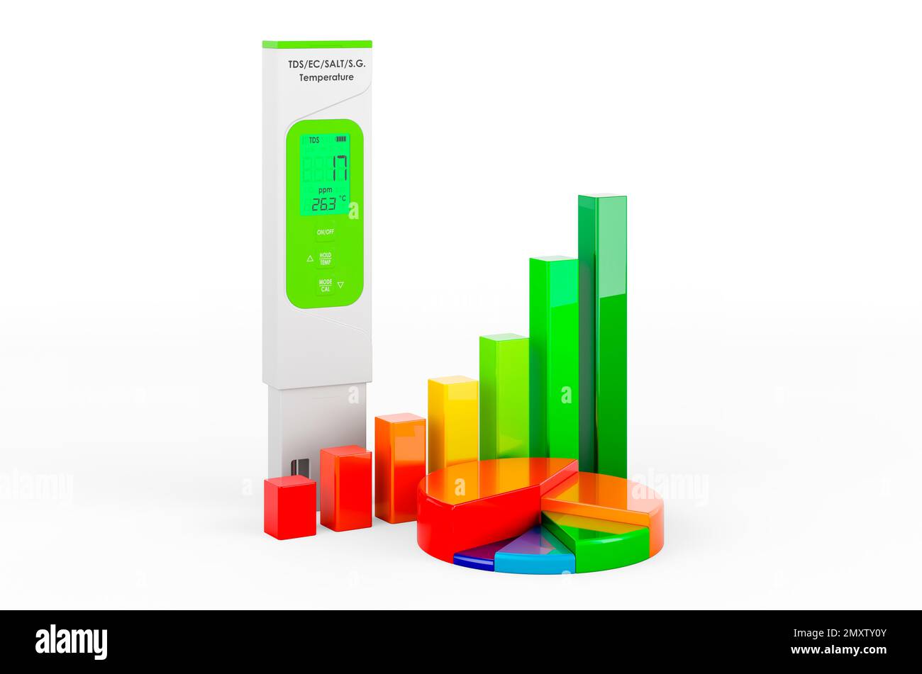 TDS meter with growth bar graph and pie chart. 3D rendering isolated on ...