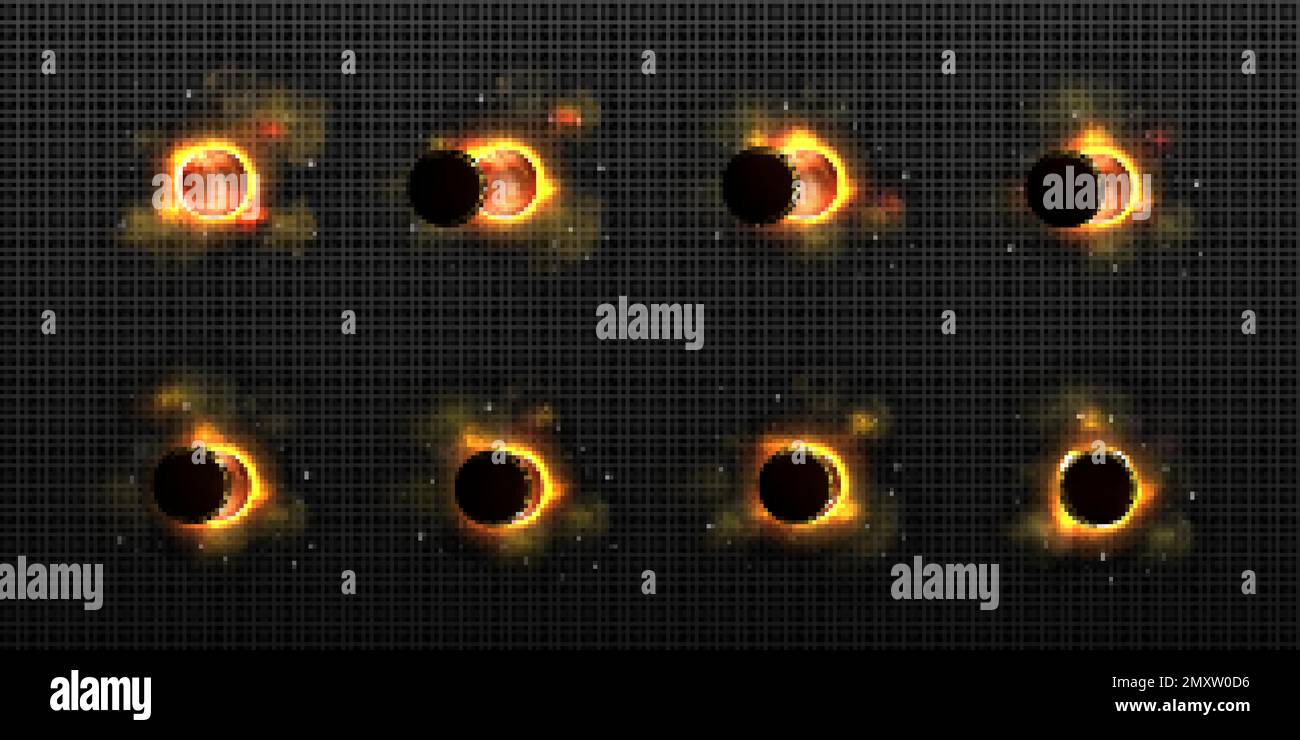 Sun and moon in solar eclipse in different phases. Outer space with ...