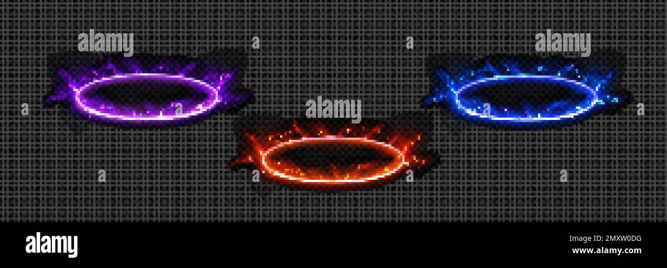 Round energy portal with lightnings. Circle electric frames with neon ...