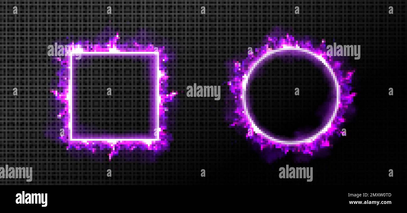 Circle and square frames with purple fire. Fantasy banners with burning ...
