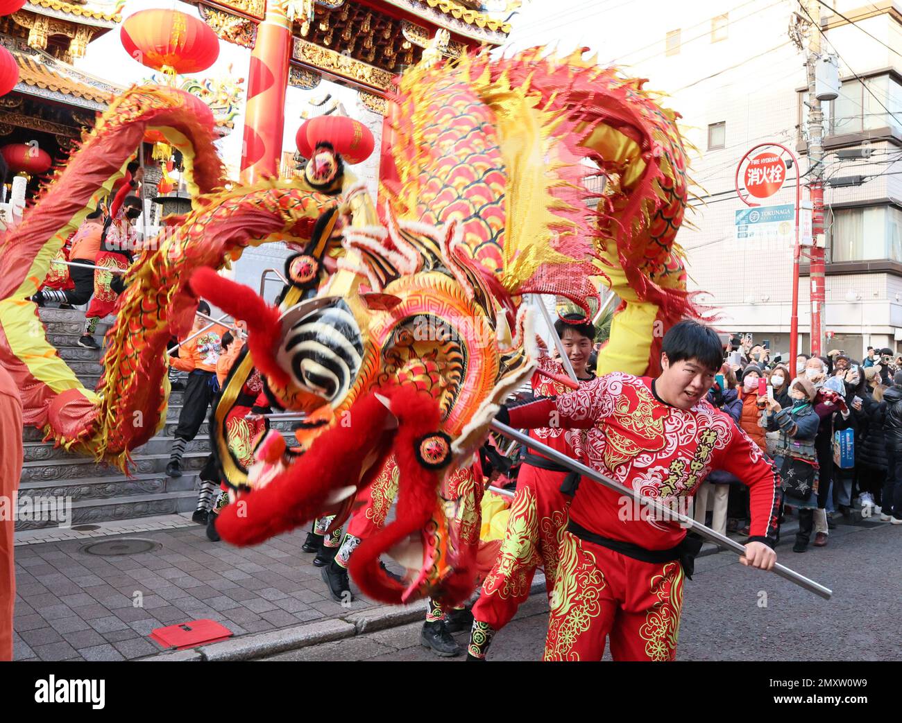 Yokohama, Japan. 4th Feb, 2023. Chinese residents in Japan perform a dragon dance during a ...
