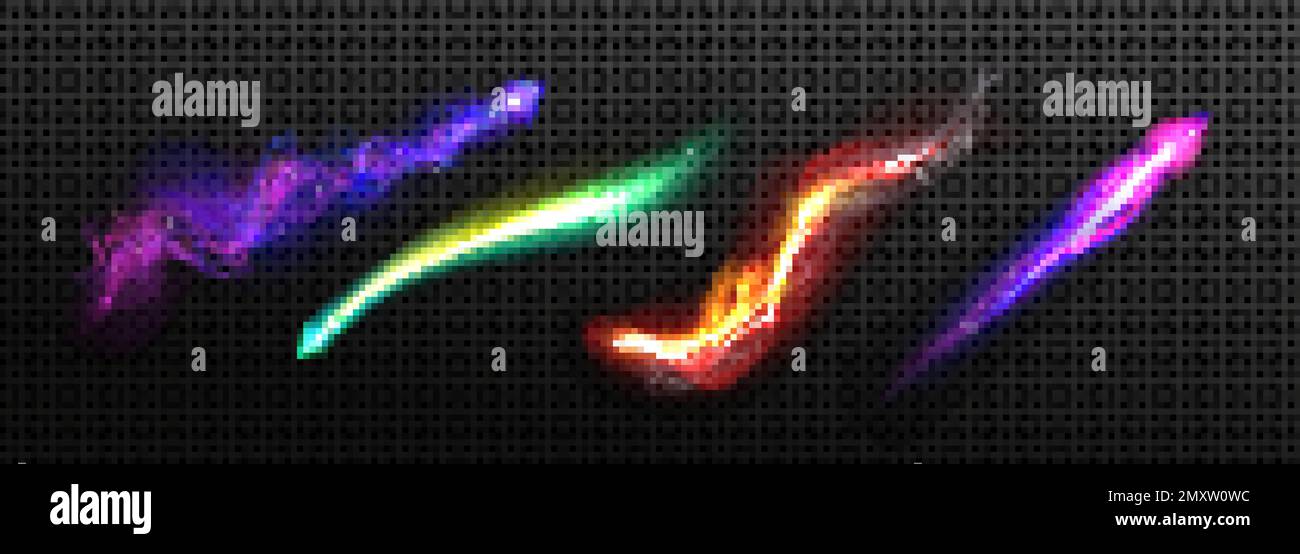 Realistic set of magic power neon light trails isolated on transparent ...