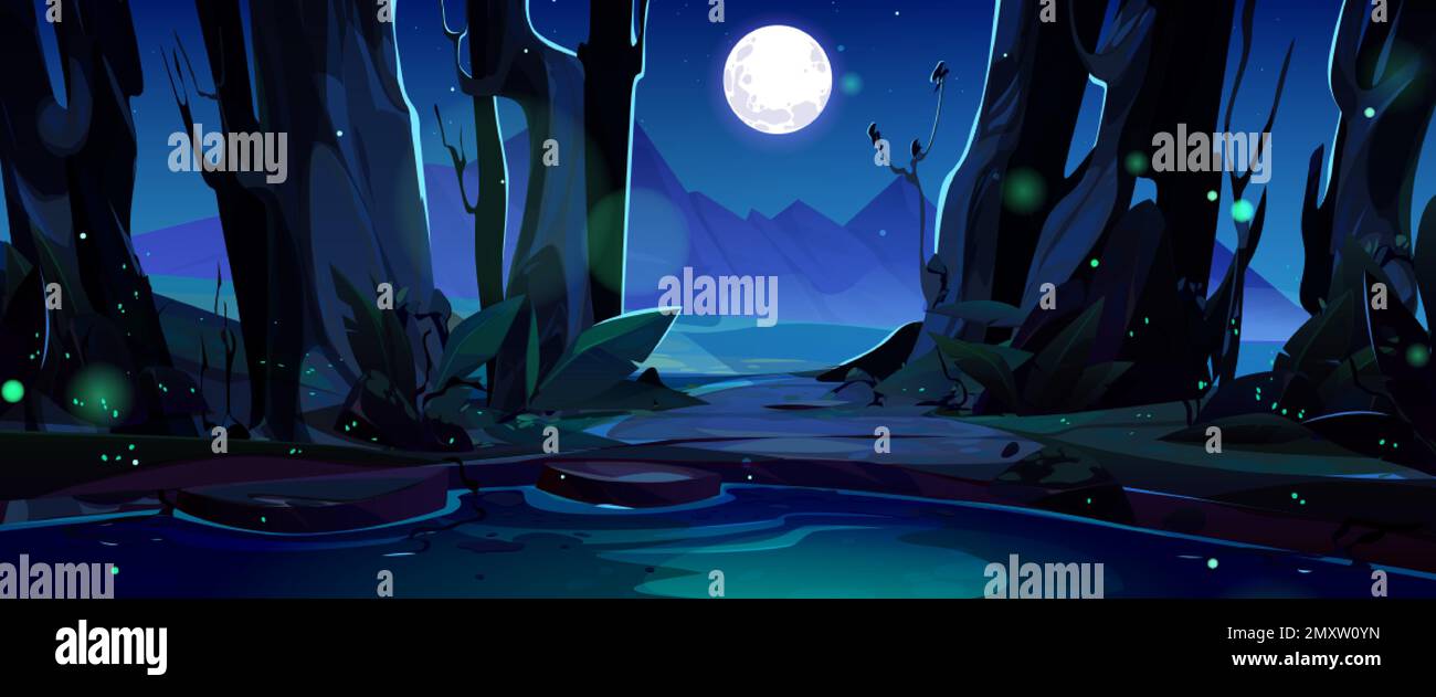 Mountain night valley scene with lake under full moon, glowworm. Nature ...