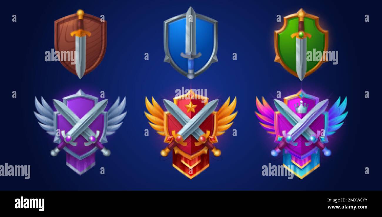 Game ranking badges with shields and swords. Achievement icons with ...