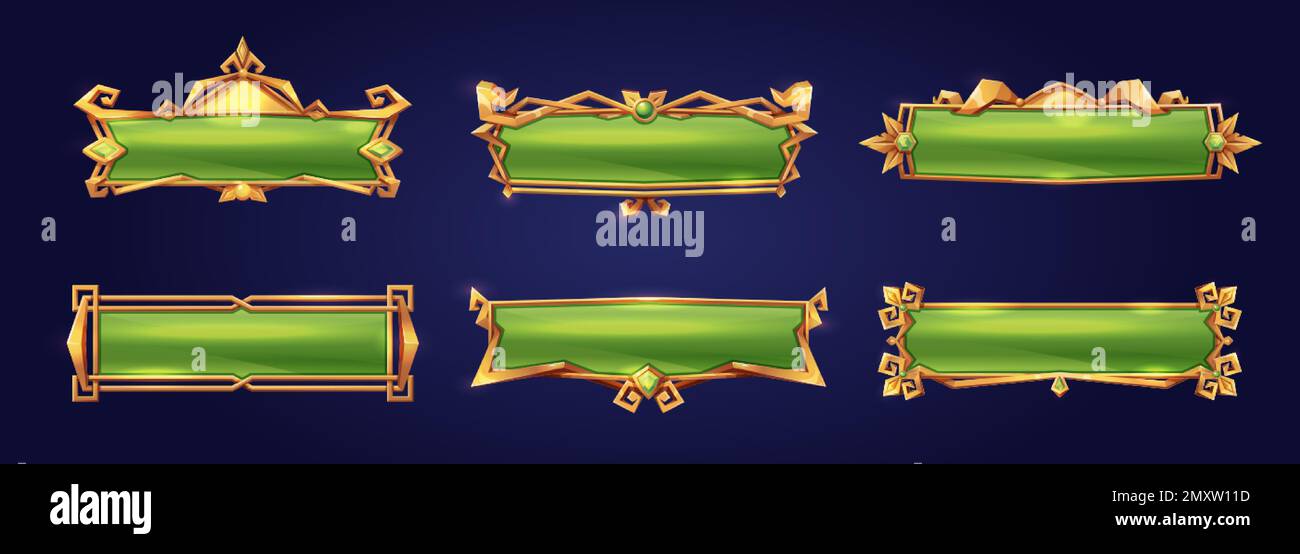 Medieval buttons, ui game menu elements, green oblong banners and gold ...