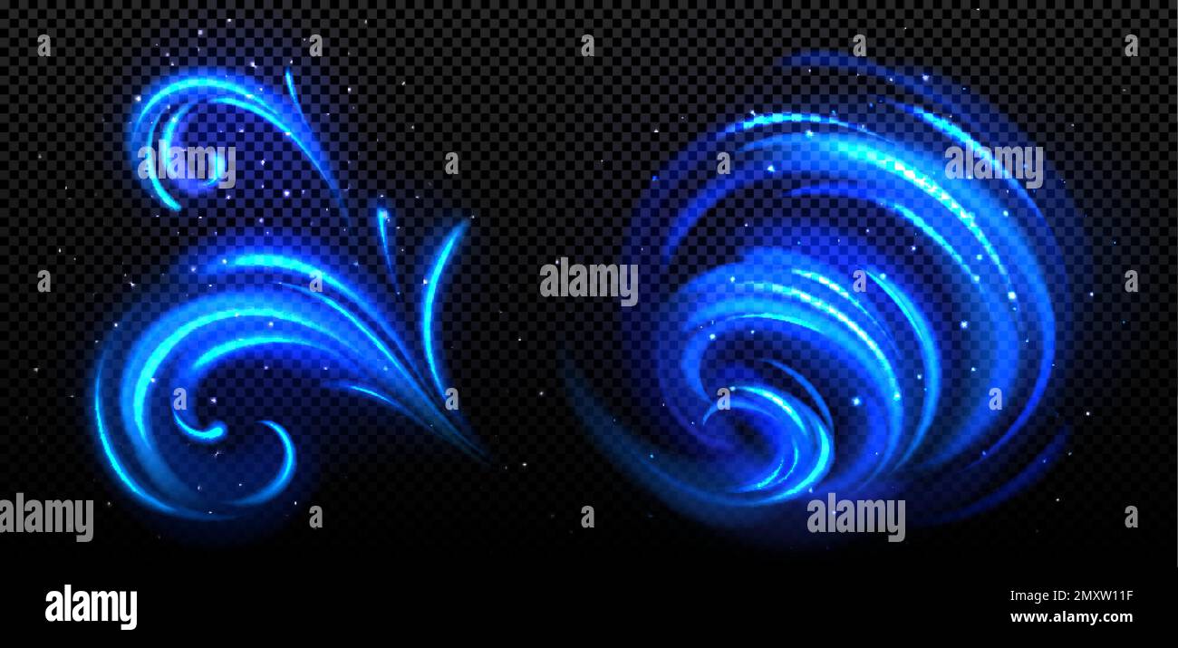 Abstract blue swirl, cold wind motion, twirls and flows. Spiral and curl light lines with ...
